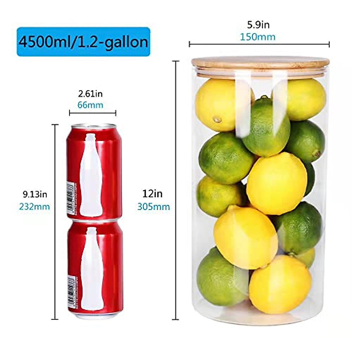 SAIOOL Glass Storage Jars 1.2 Gallon, Storage Containers with Natural Bamboo Lids, Storage Large Bag of Sugar or Large Box of Cereal etc.