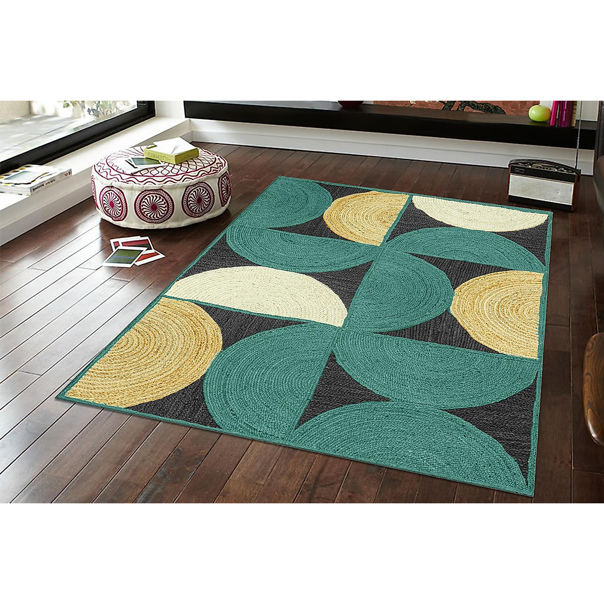 CASAVANI Rectangular - Area Rug 8x11 Black & Multi Pattern Braided Jute Rug Geometric Kilim Rug Indoor Outdoor Use Carpet Flatweave Rugs for Bedroom Dining Room Living Room