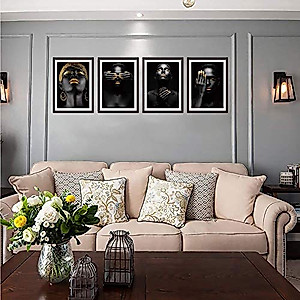 Ryyllh Minimalist Art Painting African American Wall Art Set of 4 Black Woman Fashion Gold Earrings Necklace For Girl Room Home Decor No Frame 8x10 inches 8 x 10 Inch