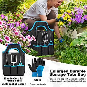 Garden Tool Set with Non Slip Rubber Grip,11 Piece Stainless Steel Gardening Tool Sets,Thickened Repotting Mat & Storage Tote Bag,Heavy Duty Outdoor Hand Tools Uprooting Weeding Tool, Ideal Gifts Blue