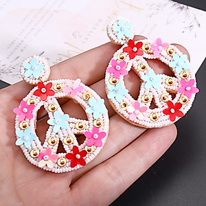 Beaded Dangle Earrings for Women Dangling Flower Hoop Earrings Peace Sign Drop Earrings Statement Handmade Boho Fashion Spring Summer Earring Studs Jewelry Gifts