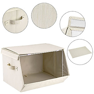 i BKGOO Set of 2 Stackable storage bins,Linen Fabric Foldable Storage Organizer Cubes Box whits Lids and Own-Handle Storage Organizer Bins for Home Office Nursery Living Room Beige 15x10.5 x10inch