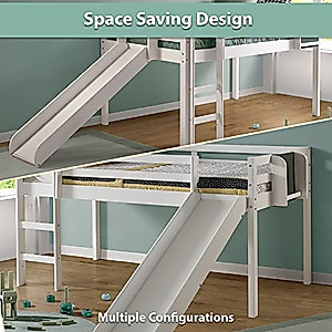 Naomi Home Cindy Kids Loft Bed with Slide, Twin Loft Bed with Slide, Toddler Loft Bed with Slide, Loft Bed Slide with Ladder, Chalkboard, Pine Wood Space Saving Kids Bed Frame for Boys, Girls, White