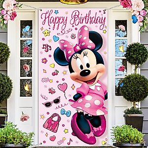 36x72inch Cute Cartoon Mouse Door Cover Banner Kids Hot Pink Mouse Birthday Party Porch Sign Decor Girls Happy Birthday Party Gift Supplies Decorations