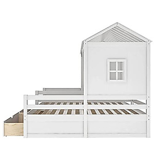 Merax Two Twin Size House Platform Beds with Large Drawers, Space Saving, No Box Spring Needed, White