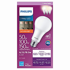 Philips LED 3-Way Flicker-Free A21 Bulb, EyeComfort Technology, 2150/1600/620 Lumen, Soft White Light(2700K), 150/100/50 Watt Equivalent, E26 Base, Title 20 Compliant (California Only), Pack of 4