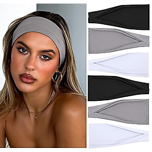 TERSE Headbands for Women, 4 inches Wide, Non Slip Women's Hair Bands, Stretchy Sweat Bands, Hair Accessories for Yoga Workout Every Day Basic Fashion, Black, White, Grey