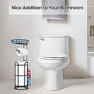 [Upgrade] Toilet Paper Holder Stand with Shelf Tissue Holders for Bathroom Free Standing Bath Tissue Roll Holder Magazine Rack for Mega Rolls/Phone/Wipe-Black