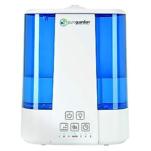 PureGuardian H5225WCA Ultrasonic Warm & Cool Mist Humidifier, 100 Hrs. Run Time, 2 Gal. Tank, 560 Sq. Ft. Coverage, Quiet, Filter Free, Silver Clean Treated Tank, Essential Oil Tray, White/Blue