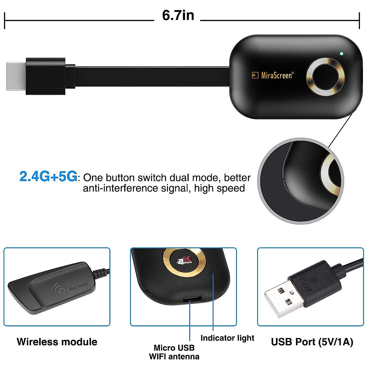 Wireless Display Dongle Adapter, 5GHz+2.4GHz WiFi Portable Display Receiver 1080P HDMI Screen Mirroring Compatible with Miracast/Airplay/Android/iOS/iPhone/iPad/Mac/PC/TV/Monitor