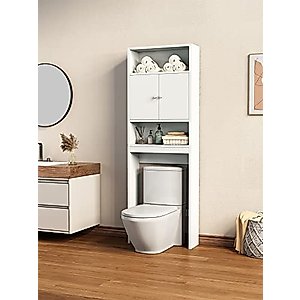 Fulocseny Over The Toilet Storage Cabinet,Over Toilet Bathroom Organizer with Sliding Door,Double Door Bathroom Organizer Toilet Cabinet,Freestanding Above Toilet Rack with Open Shelves (White)
