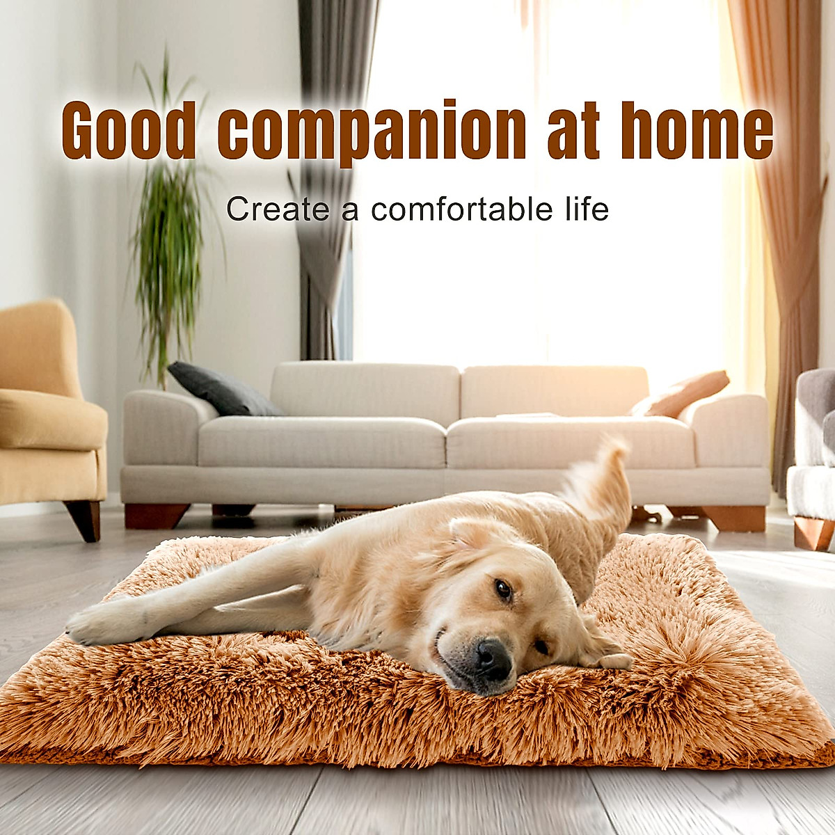 Dog Bed Long Plush Pet Bed, Comfortable Faux Fur Washable Crate Mat for Small Large Medium Dogs and Cats, Anti-Slip Fluffy Dog Kennel Pad