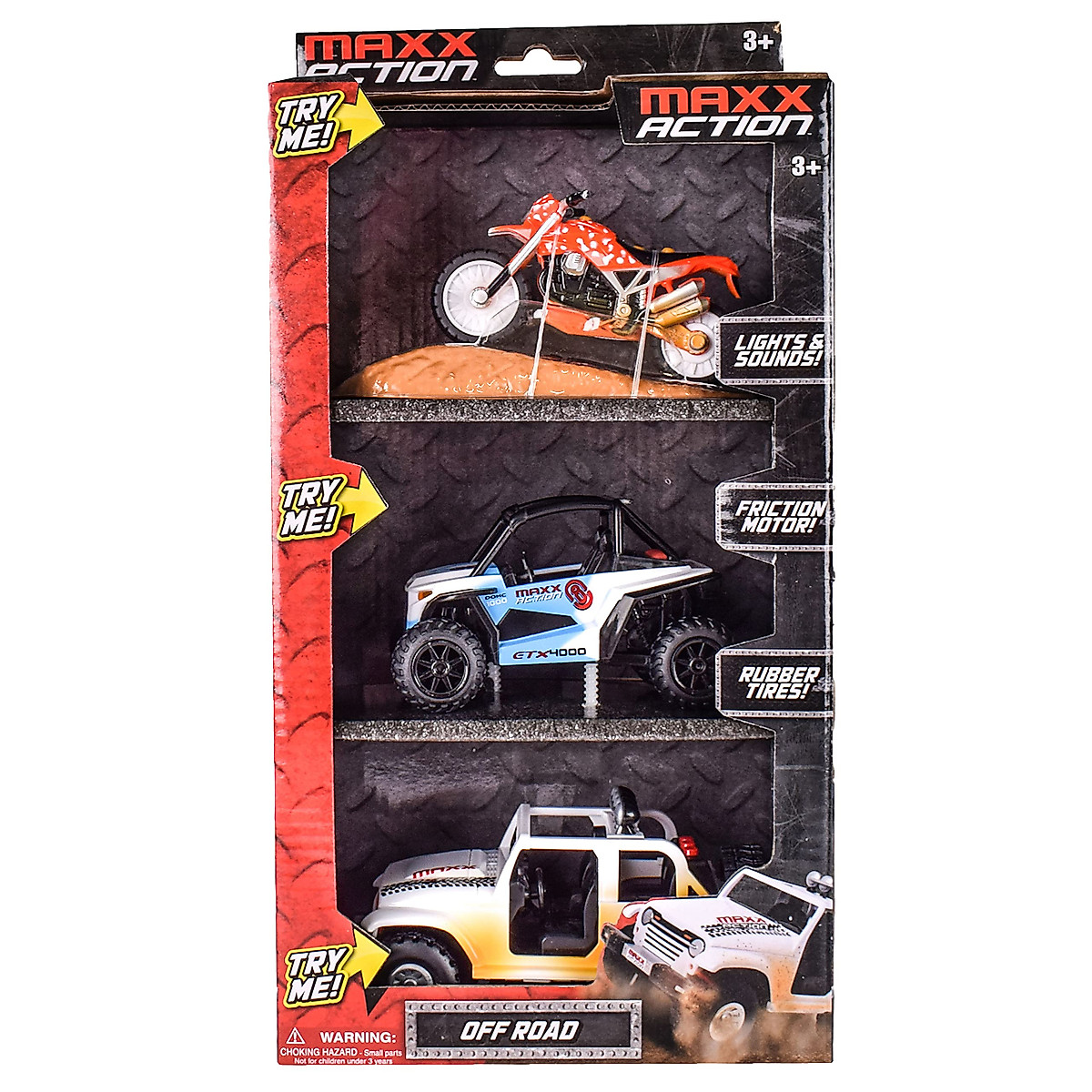 Sunny Days Entertainment Maxx Action Mini Off-Road Lights & Sounds Vehicles – 3 Pack with Motorcycle with Dirt Mound, ATV and Sports Vehicle