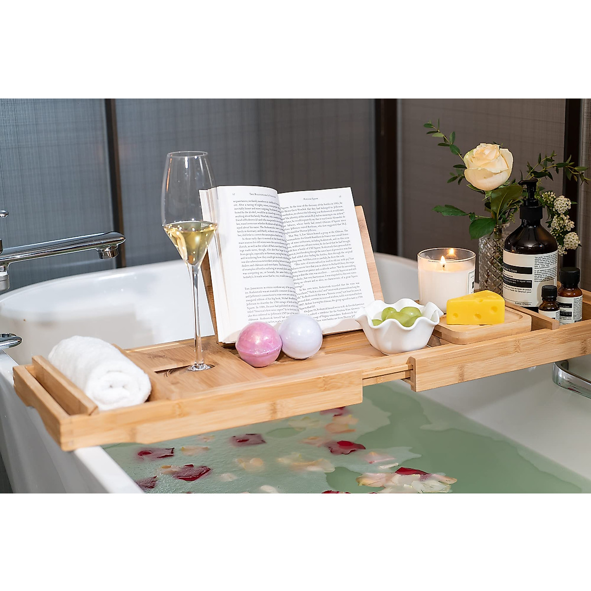 Bamboo Bath Tray, Expandable Bath Caddy with Wine and Book Holder-Headley Tools Bathtub Caddy for Luxury Bath, Adjustable Bath Caddy Tray for Bathtub-Great Gift for Women/Men (Wood Color)