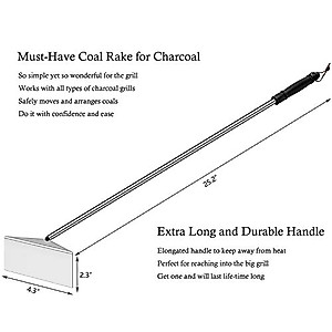 POLIGO Charcoal Grill Ash Rake Hoe for Fireplace Wood Stove Pizza Oven, Stainless Steel BBQ Cleaner Poker Scraper, Elongated Cleaning Tool Accessories for Smoker, Ceramic, Kamado, Vision Grills