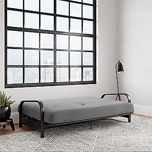 ASQUAN Black Metal Arm Full Size Futon Frame with 6” Gray Mattress