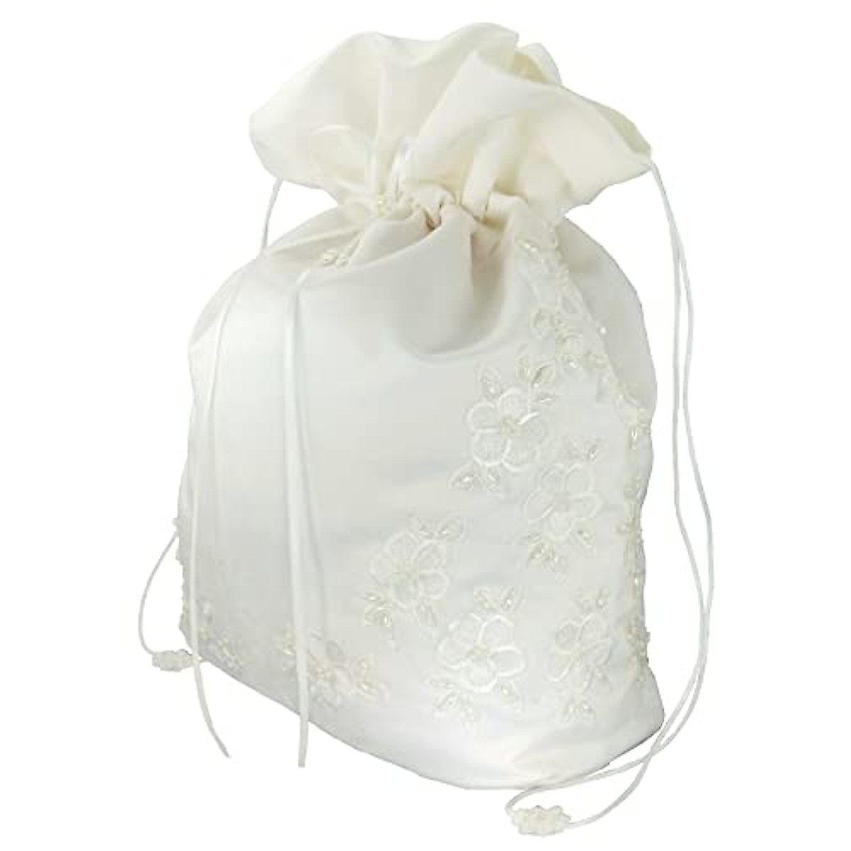 ENCHANTED BRIDE Satin Bridal Wedding Money Bag (#E1D4MBiv) in LARGE Size with Pearl-Embellished Floral Lace for Receiving Envelopes and cards, Bridal Purse, and Other Special Occasions