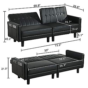 SAMERY Futon Sofa Bed Couch and Sleeper Sofas for Living Room, Faux Leather Convertible Folding Sofa Bed Couch and Loveseat for Small Space with Side Pockets Armrest and Sturdy Legs