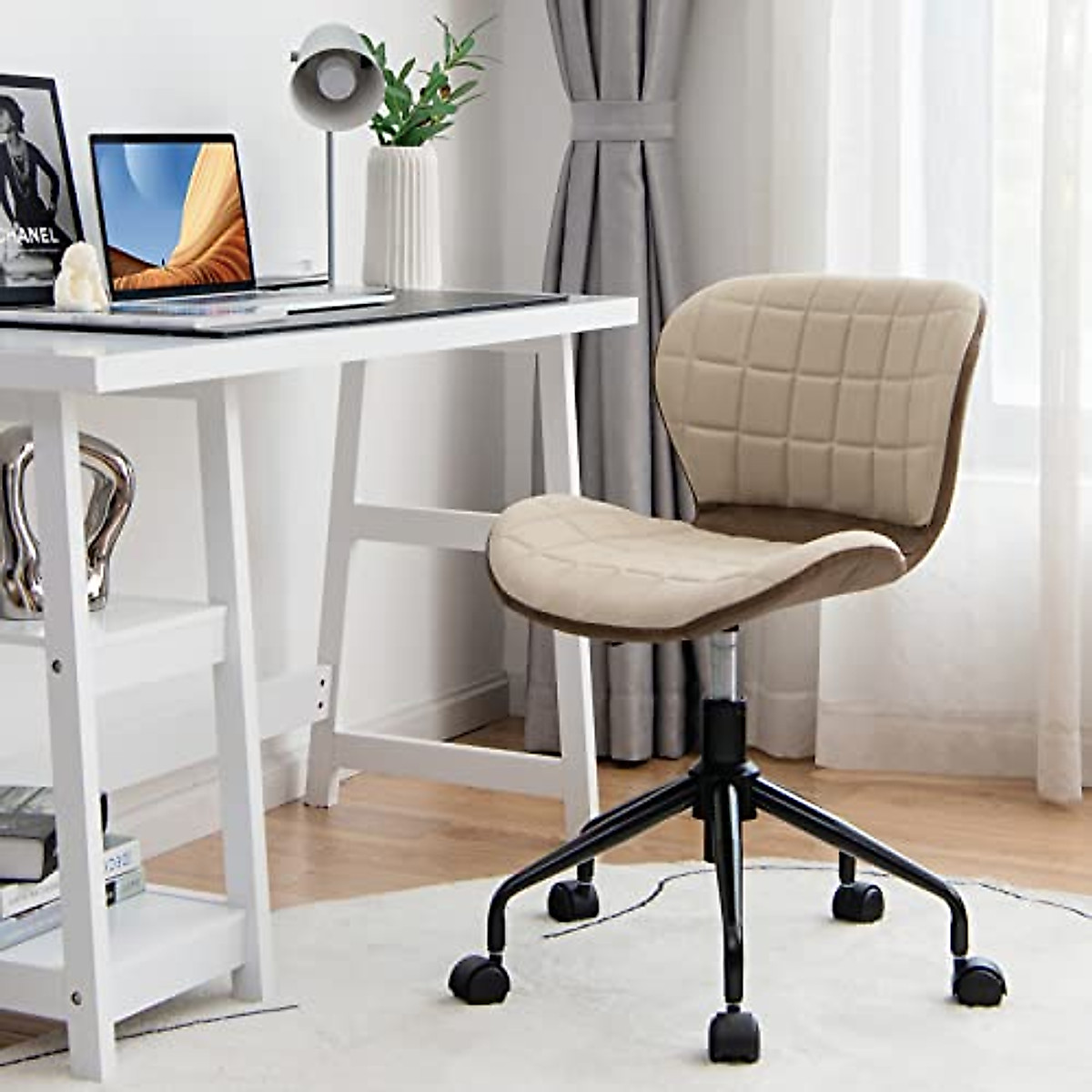 Giantex Home Office Desk Chair, 360° Swivel Height Adjustable Office Chair w/PU Leather, Modern Office Chair, Ergonomic Curved Wood Desk Chairs, Leather Armless Task Chair for Office, Beige & Brown