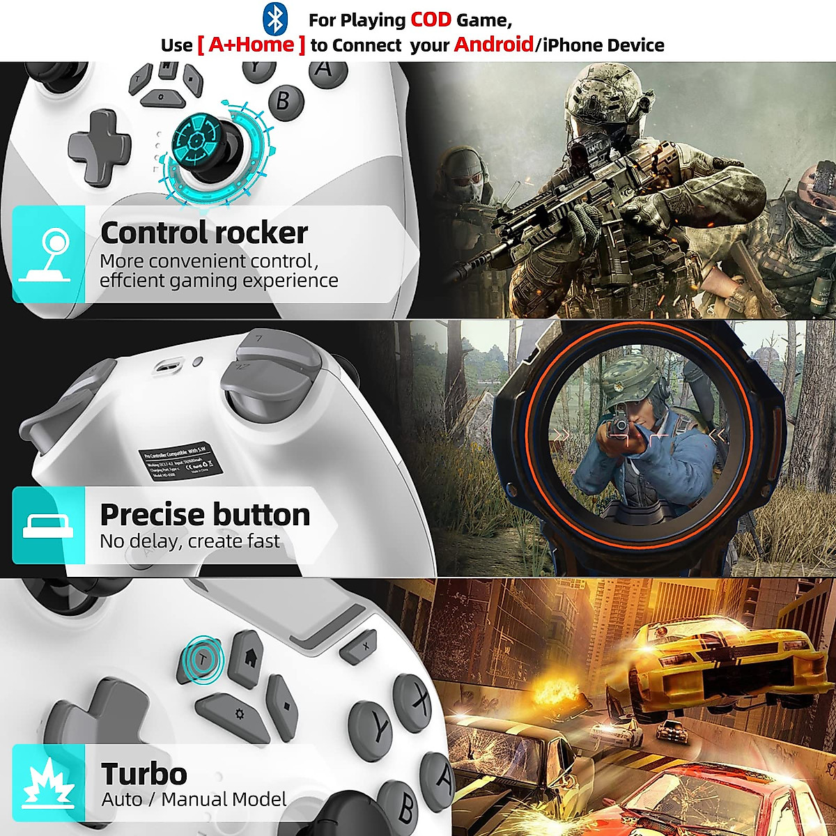Bluetooth Controller for Switch/PC/iPhone/Android/Apple Arcade MFi Games/TV/Steam, Pro Wireless Game Controller Remote Gamepad with Phone Clip with Lock Speed/6-Axis Gyro/Dual Motors/Turbo/Switch Key