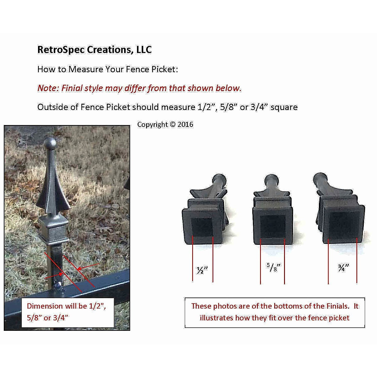 Retrospec Creations 25 Each for 5/8” Black Plastic Finial Tops for Iron Picket Fence 4-Sided Spire – #1-58