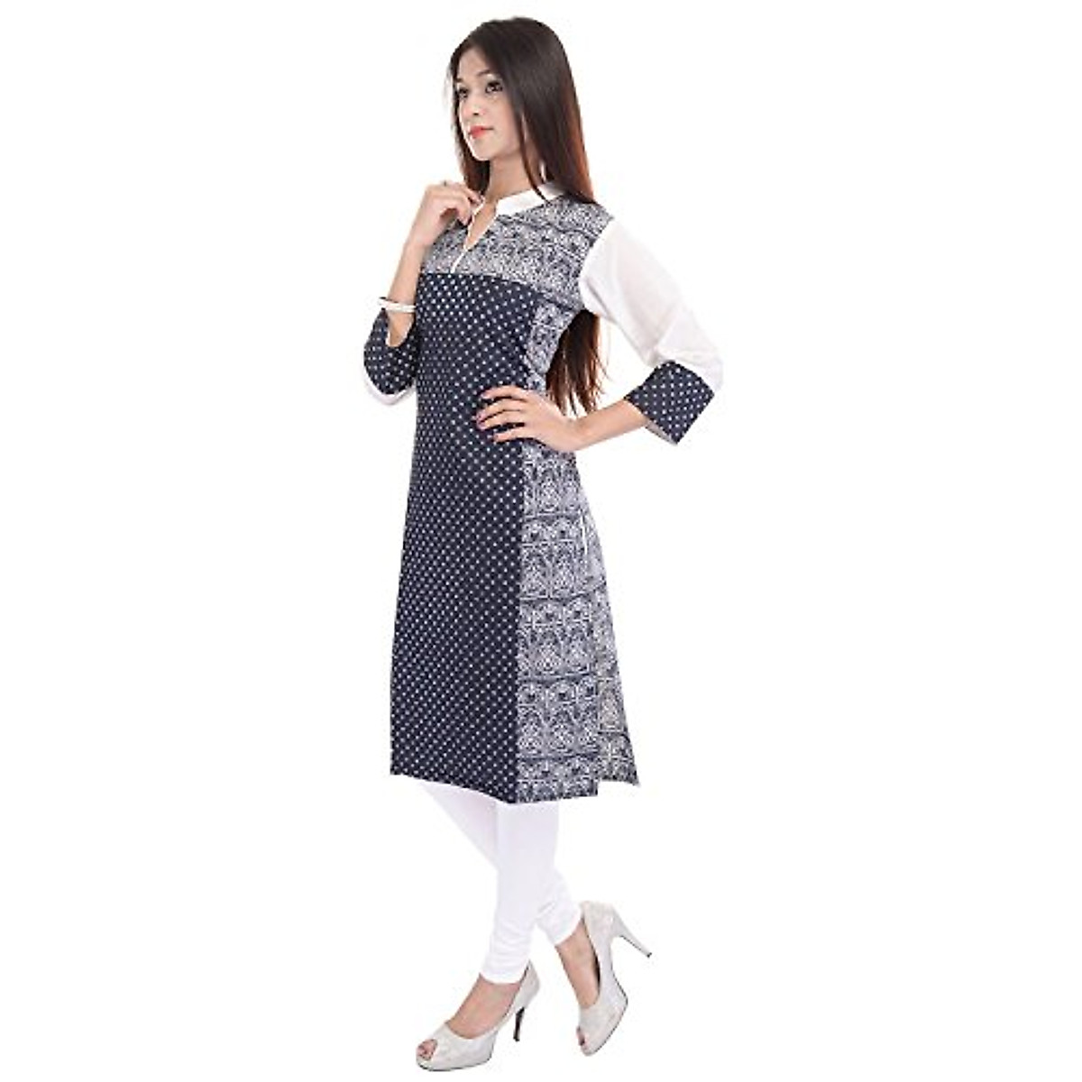 Chichi Indian Women's Printed Cotton Kurti Top, Black-off White, Medium