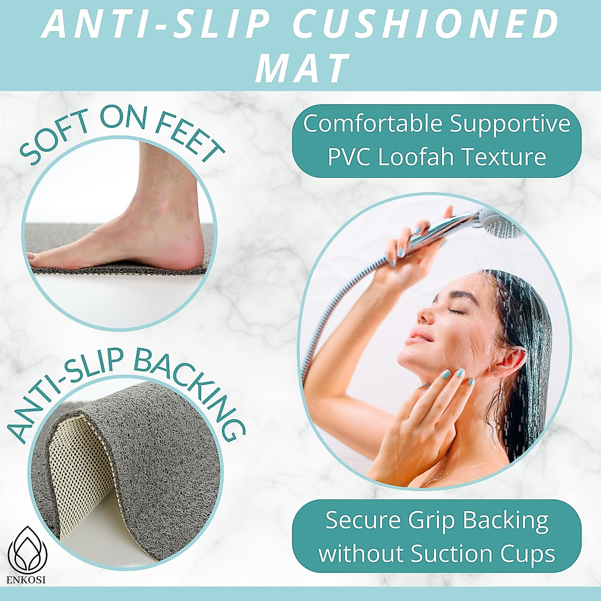ENKOSI Square Shower Mat Non Slip - Loofah Shower Mats for Showers Anti Slip - Bathroom Shower Mat - Non Slip Shower Mats - Non Slip Shower Mat for Elderly - Shower Mat Square (Gray 24x24)