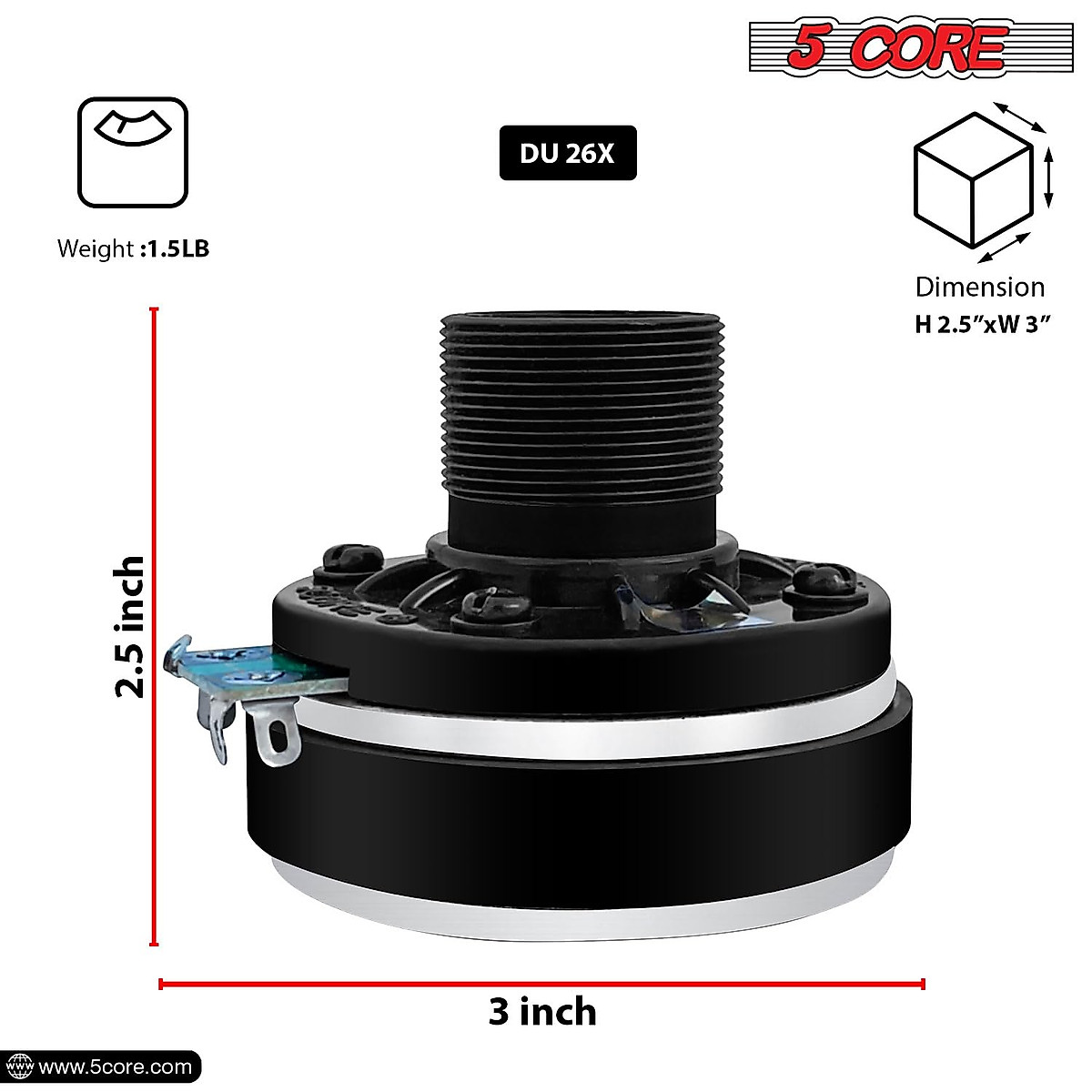 5 CORE Horn Speaker Tweeter Diaphragm Compression Driver 1 Inch Voice Coil 8 Ohm 200W PMPO Aluminum Weatherproof Throat Twist Tweeters Car Audio Speaker System 2Pcs 5C-D26 2PCS