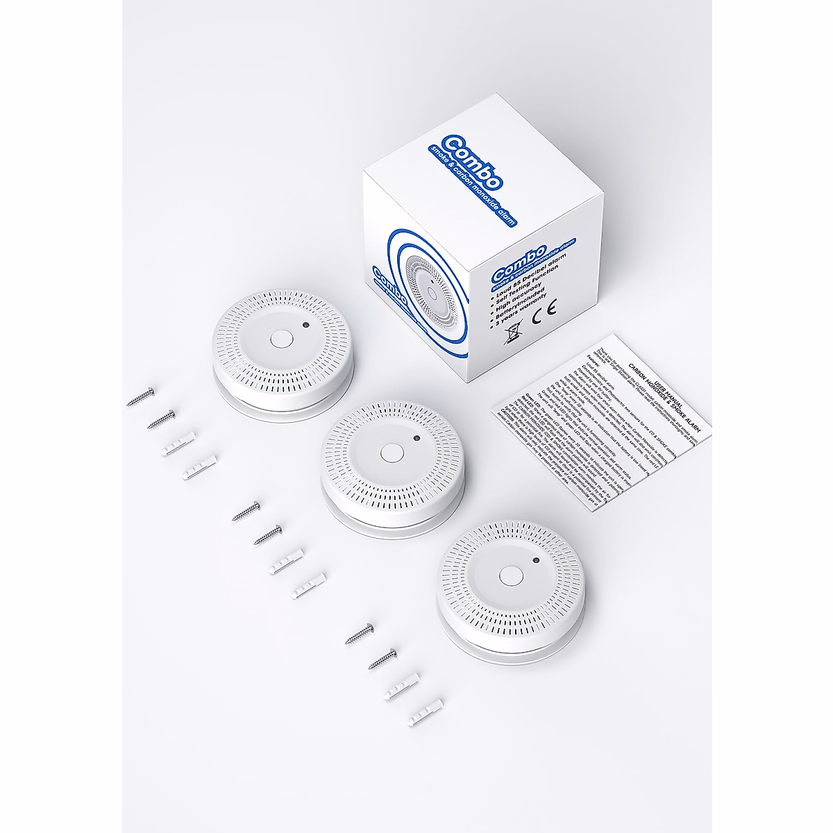 Smoke Detector, ‎Lecoolife, ‎9V Battery Operated Smoke Alarm with LED Indicator, Silence Button, Battery Powered 10-Year, White, 3 Pack