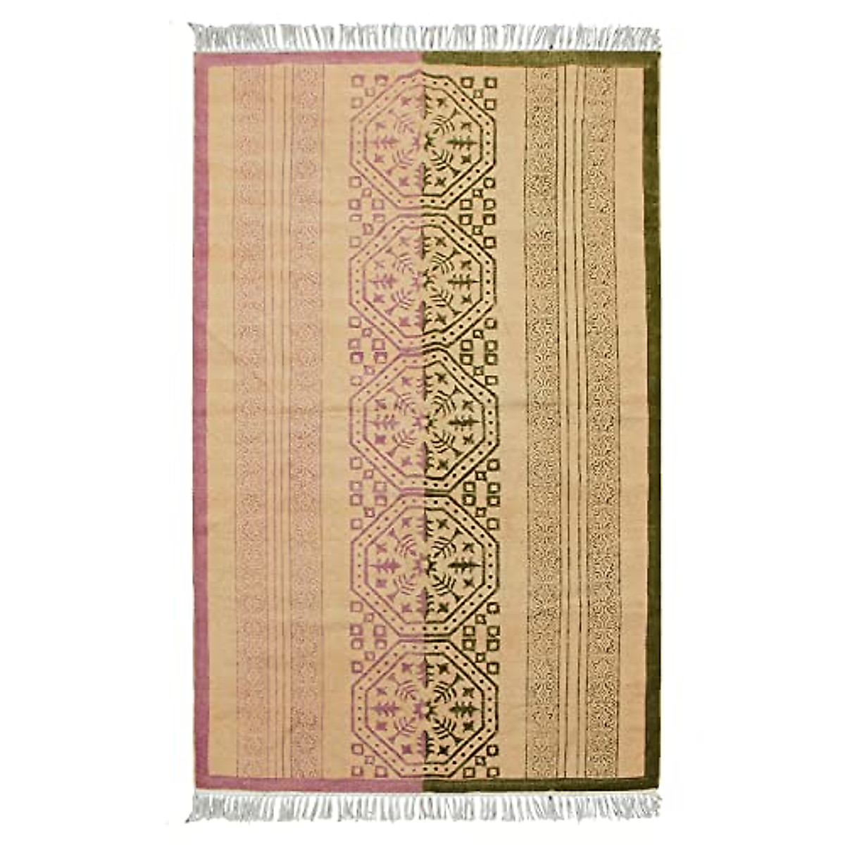 Casavani Hand Block Printed Rug Geometric Green & Pink Tassel Rug Boho Area Rug Easy Care Washable Rugs for Doormat Entryway Living Room Bedroom Hallway Balcony 4x10 Feet Runner