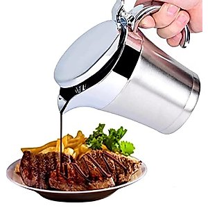 FOXDISK 304 Stainless Steel Double Insulated Gravy Boat 16 oz with Hinged Lid,Sauce Jug and Steak Sauce Pot Double Walled Insulated Thermal (16 oz/450ml)