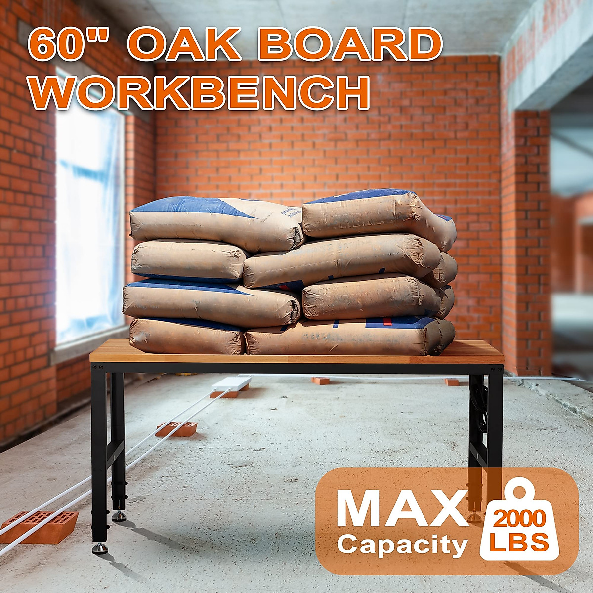 Haddockway Adjustable Workbench for Garage, 60" x 22" Rubber Wood Top Worktable with Power Outlets, Max 2000 Lbs Load Capacity Heavy Duty Workstation for Workshop Office Home (Black Frame, 60in)