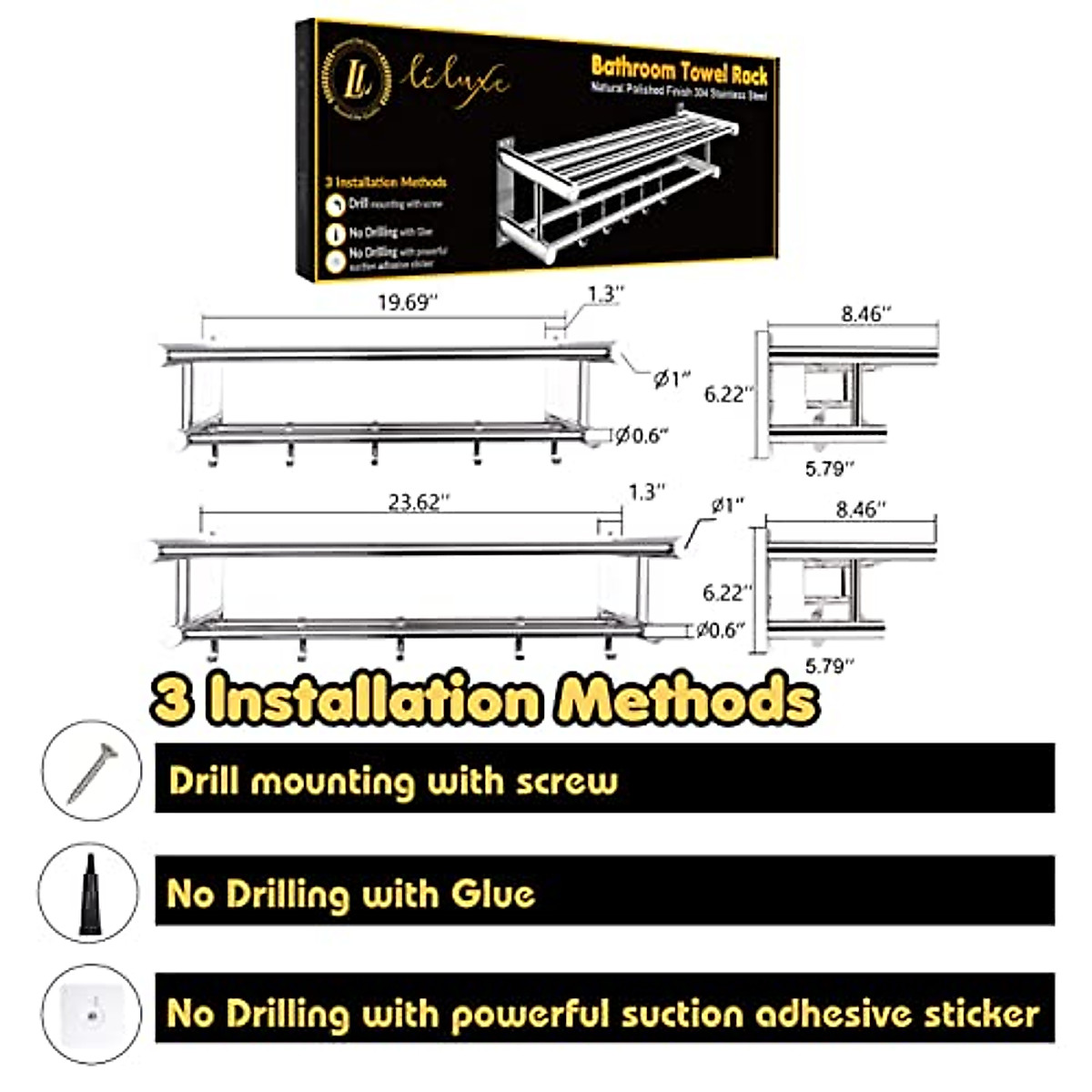LELUXE Bathroom Towel Rack Shelves - SUS304 Stainless Steel Rustproof with Double Towel Bar & 5 Hooks, Shower Room Organizer, Shelf Holder, Bathroom Storage for Towels, Bathrobes, Shower Caddy, Brush
