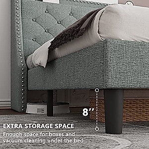 iPormis Queen Bed Frame with Aesthetic Wingback, Upholstered Platform Bed with Diamond Tufting Headboard, 4" Storage Shelf, Sturdy Wood Slats, No Box Spring Needed, Anti-Slip, Light Grey