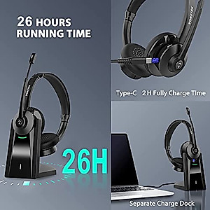 Vonztek Bluetooth Headset, Wireless Headset with Microphone Noise Canceling, On-Ear Headphones with Charging Base & USB Dongle, V5.0 Dual Connect Handsfree for Work/Call Center/Teams/PC/Laptop