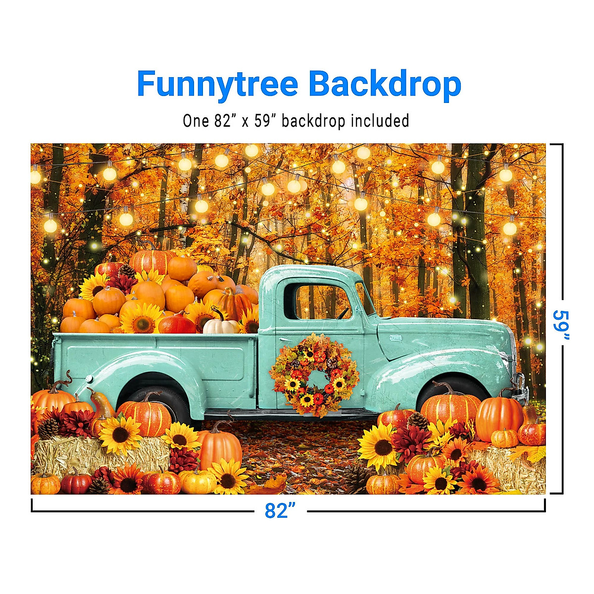 Funnytree 82" x 59" Autumn Forest Blue Truck Backdrop for Portrait Photography Picture Fall Harvest Pumpkin Farm Thanksgiving Day Baby Shower Friendsgiving Party Supplies Decoration Banner Background