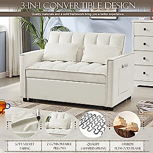 Velvet Pull Out Sleeper Sofa Bed, Convertible Futon Couch Bed with Adjustable Backrests, 3 in 1 Modern Loveseat with 2 Pockets and Pillows, Small Love Seat for Living Room, Guest Room, Off White