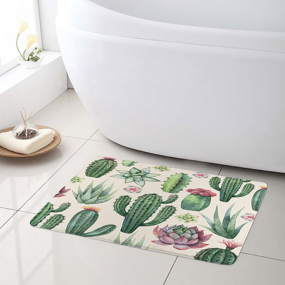 LB Western Tropical Cactus Shower Curtain Sets with Rugs Pink and Green Succulent Plant with Floral on Beige Fabric Shower Curtain with Hooks Nature Plant Bathroom Curtains Shower Set, 72x72 inches