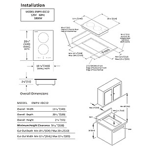 Empava Electric Stove Induction Cooktop Vertical with 2 Burners Vitro Ceramic Smooth Surface Glass in Black 120V, 12 Inch