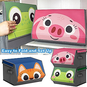 VERONLY 3 Pack Stackable Storage Bins for Boys and Girls, Kids Storage Drawers Boxes with Lids, Foldable Closet Organizers with Velcro for Bedroom, Playroom, Kindergarten, Nursery(Pink, Green, Blue)