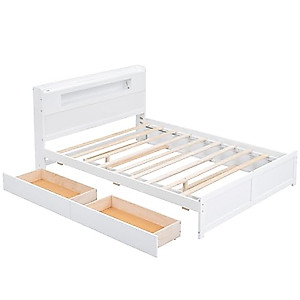 WOODRK Queen Size Storage Platform Bed Frame with Multifunctional Headboard with LED and Storage Shelves, Modern Wooden Beds with 2 Drawers and 1 Twin Size Trundle, for Bedroom, Easy Assembly, White