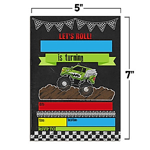 Monster Truck Chalkboard Birthday Party Invitations, 20 5x7 Fill In Cards with Twenty White Envelopes by AmandaCreation