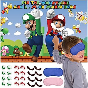 Super Bros Party Supplies,Video Games Party Game Pin The Moustache on Cartoon, Super Bros Party Favors,Large Poster for Super Bros Birthday Party Decorations 19 * 27 Inch