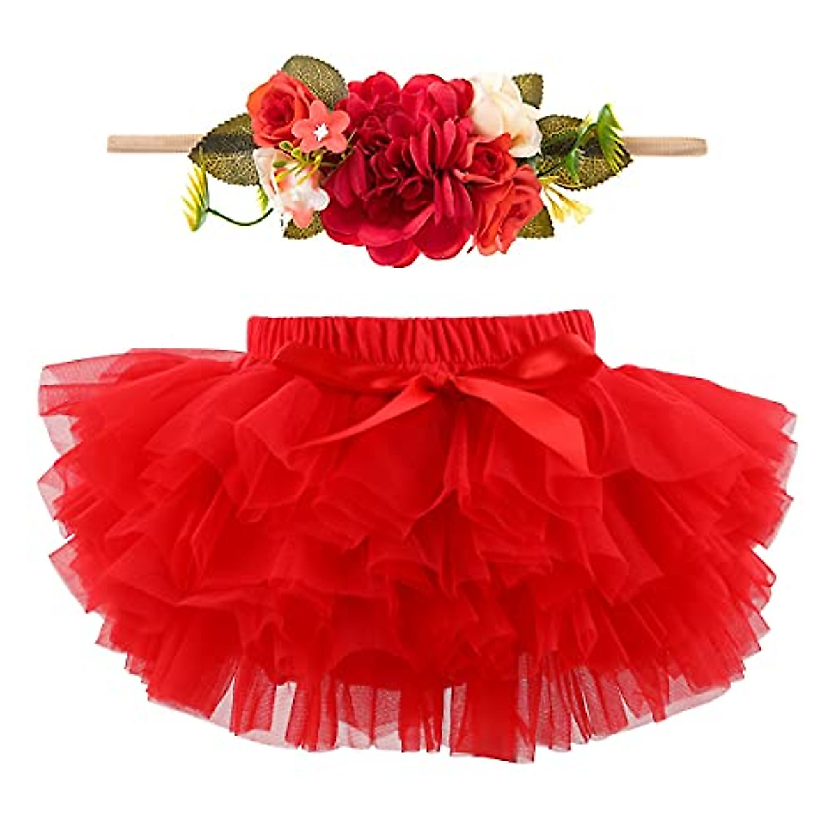 HOOLCHEAN Infant Toddler Baby Girls Super Soft Fluffy Tutu Skirt and Headband Set with Diaper Cover Bloomer Red 2, 6-12 Months