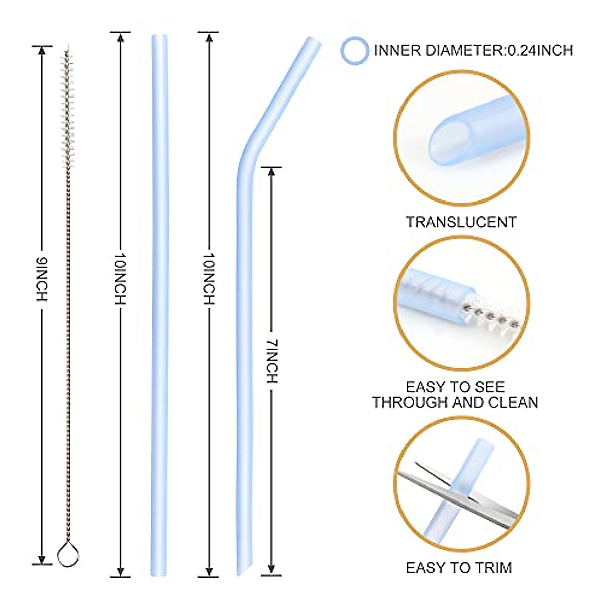 SPLF 12 Pack Reusable Silicone Straws for Toddlers & Kids-BPA Free Translucent Collapsible Straws with Cleaning Brushes & Case for 20/30 oz Tumblers RTIC/Yeti, Eco-friendly, no Rubber Tast