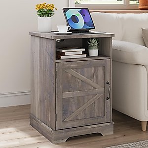 Smart FENDEE Farmhouse Nightstand with Charging Station, Beside Table with Barn Door, Modern End Side Table with Storage for Bedroom, Office, Grey