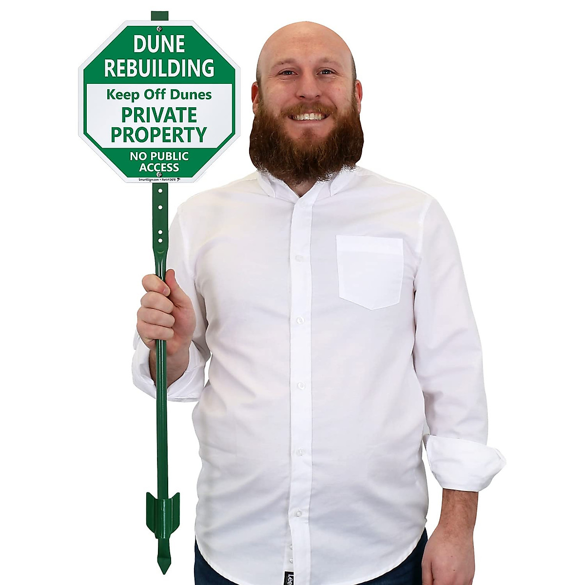 SmartSign 10" x 10" 'Dune Rebuilding Keep Off Dunes, Private Property, No Public Access' LawnBoss Yard Sign with 3 ft Stake, 40 mil Laminated Aluminum, Green/White, Set of 1, USA-Made