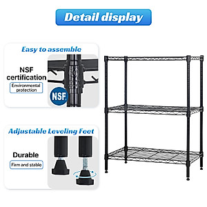 3 Tier Steel Wire Shelving,Adjustable Utility Metal Shelves for Storage,Storage Shelves Heavy Duty with Leveling Feet for Kitchen,Garage,Pantry,Clothset,100ps Per Shelf，Black,(23 x 13.2 x 30.2 inches)