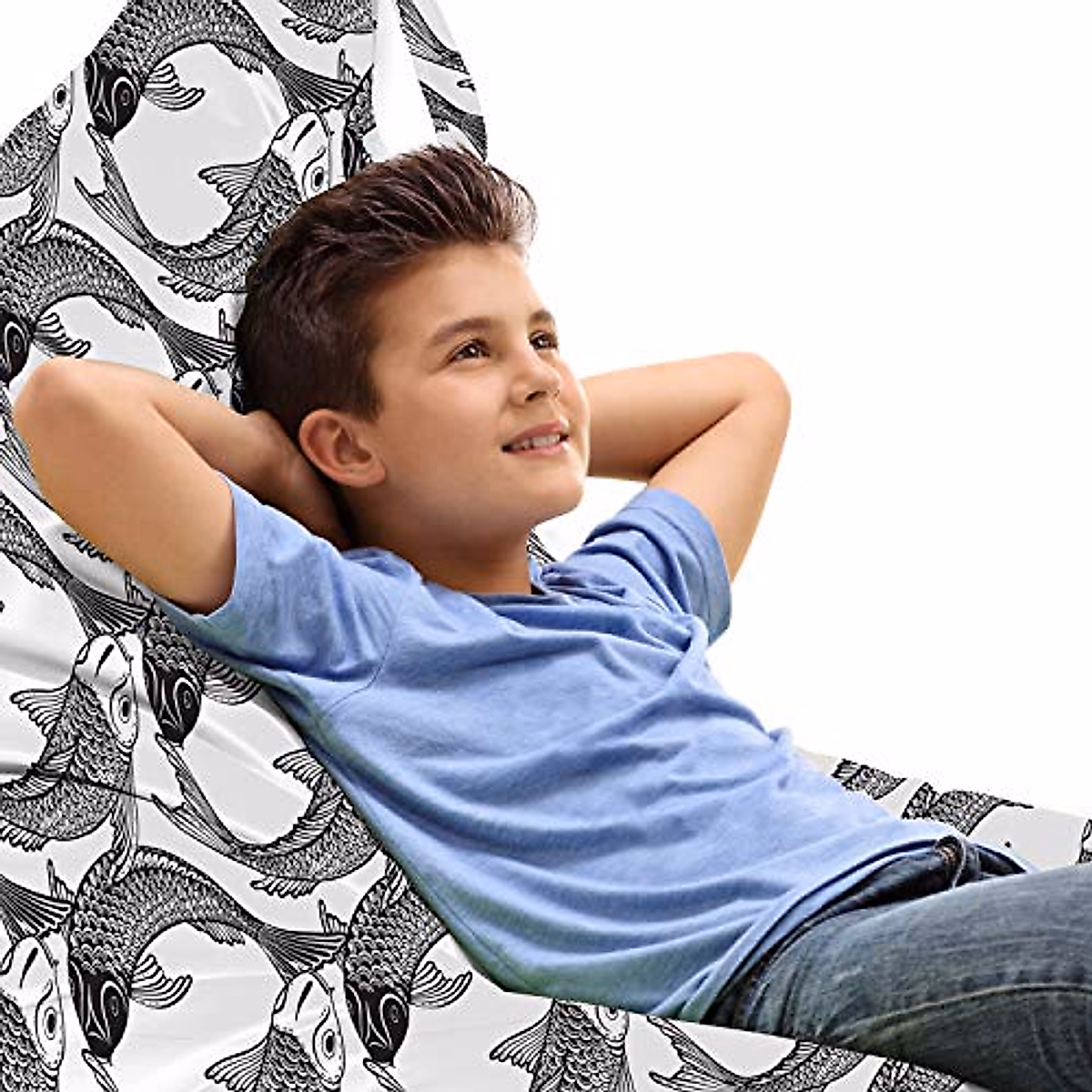 Lunarable Fish Lounger Chair Bag, Ornamental Koi Fish Pattern Traditional Ethnic Japanese Symbol of Love, High Capacity Storage with Handle Container, Lounger Size, Black and White