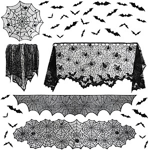 5 Pack Halloween Decorations Set Black Lace Tablecloth Round Cobweb Table Cover Fireplace Scarf Runner Lampshade with 36pcs 3D Bats for Halloween Decor Indoor Party Supplies (Halloween, One Size)